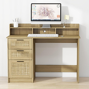 FUNKOCO Computer Desk with Rattan Drawers and Hutch Shelf - 47 Inch Home Office Writing Desk with Storage File Drawer & Monitor Stand, Modern Wood PC Laptop Workstation Computer Table