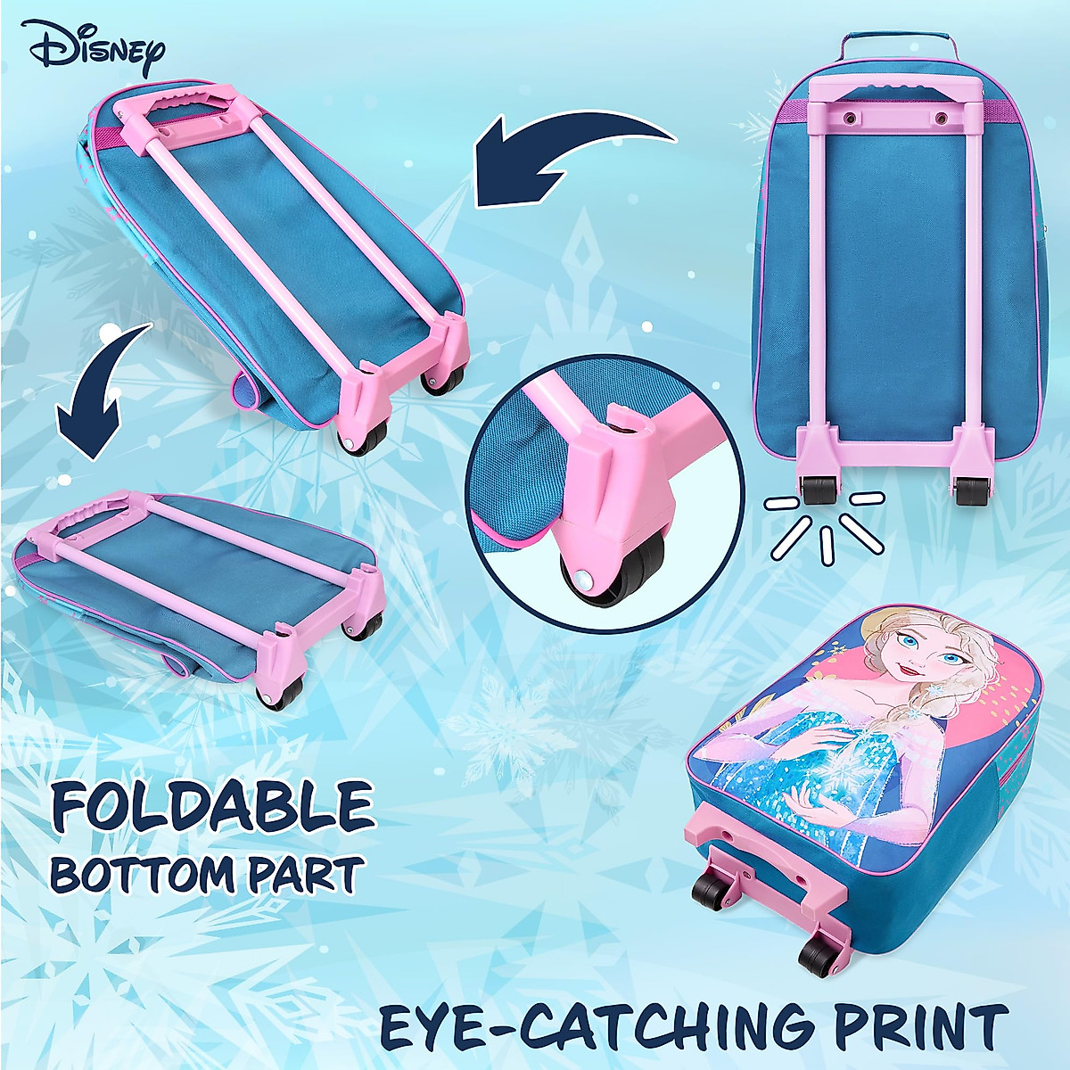 Disney Foldable Suitcase for Girls with Wheels, Trolley Hand Luggage Bag - Minnie Mouse Carry On Travel Bag for Kids (Blue Elsa)