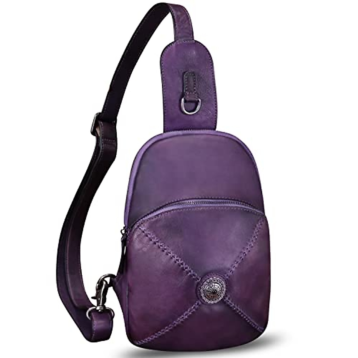 Genuine Leather Sling Bag for Women Sling Backpack Retro Chest Shoulder Vintage Handmade Hiking Crossbody Purse (Purple)