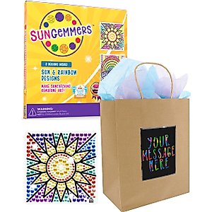 PURPLE LADYBUG SUNGEMMERS Gem Art Suncatcher Kit for Kids + 7 Brown Gift Bags with Scratch Panel for Messages