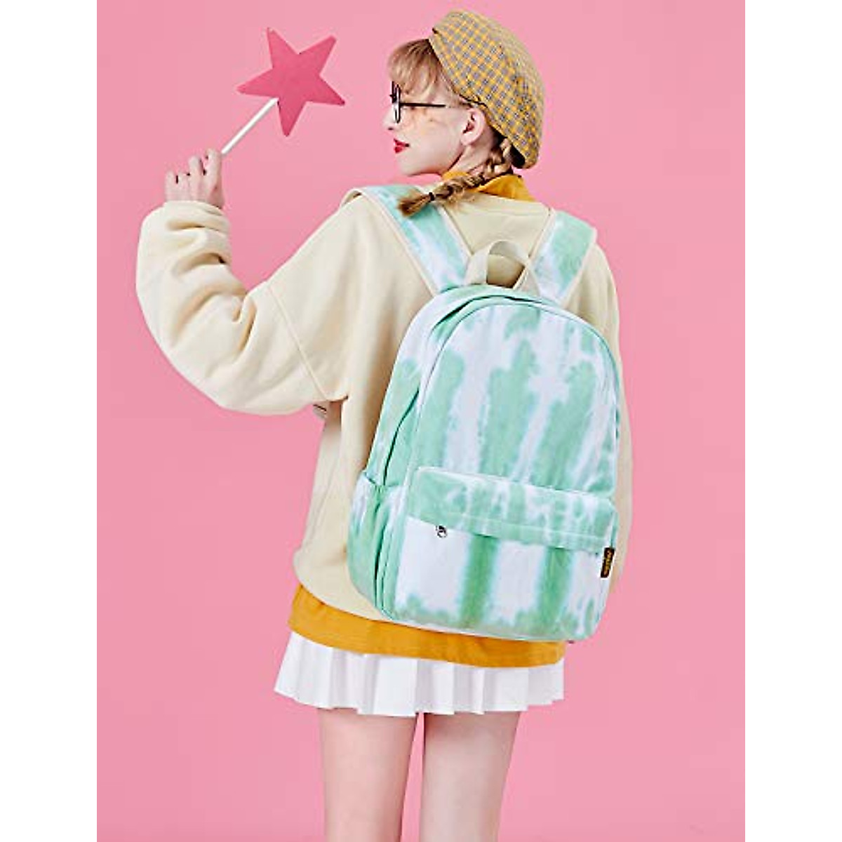 Lanola Canvas School Bag Backpack Girls or boy, Ranibow Style Unisex Zip Backpack School College for Teens Girls Students Casual Lightweight Travel Daypack Outdoor (Green)