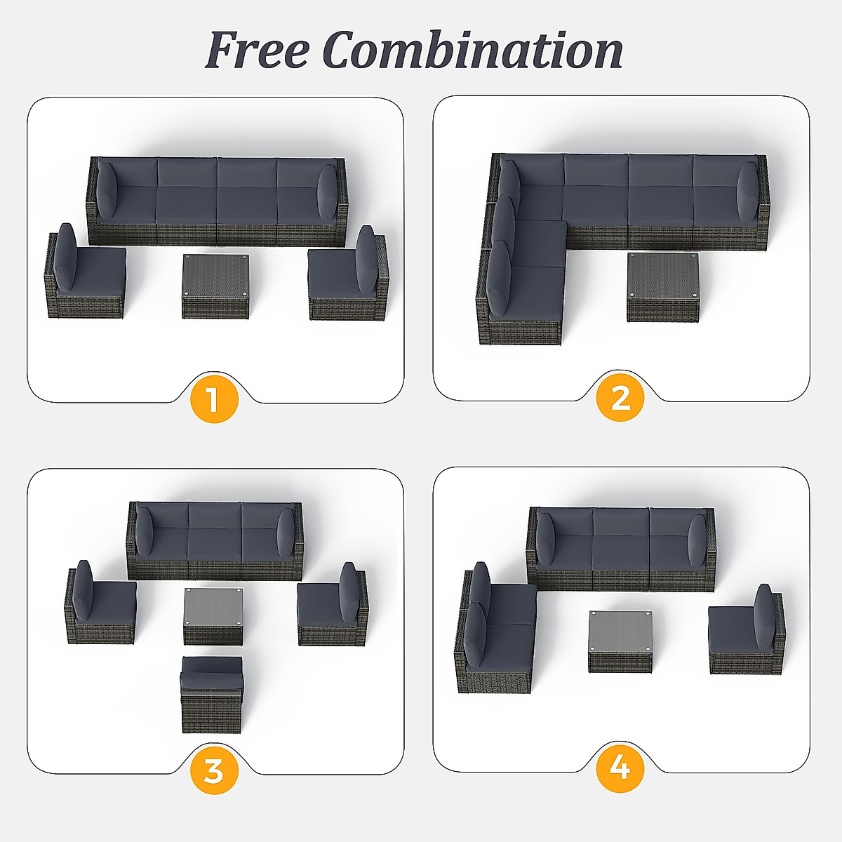 SUNVIVI OUTDOOR 7 Piece Patio Furniture Sets All Weather Gery PE Wicker Couch Sofa with Glass Table, Removable Dark Grey Cushions