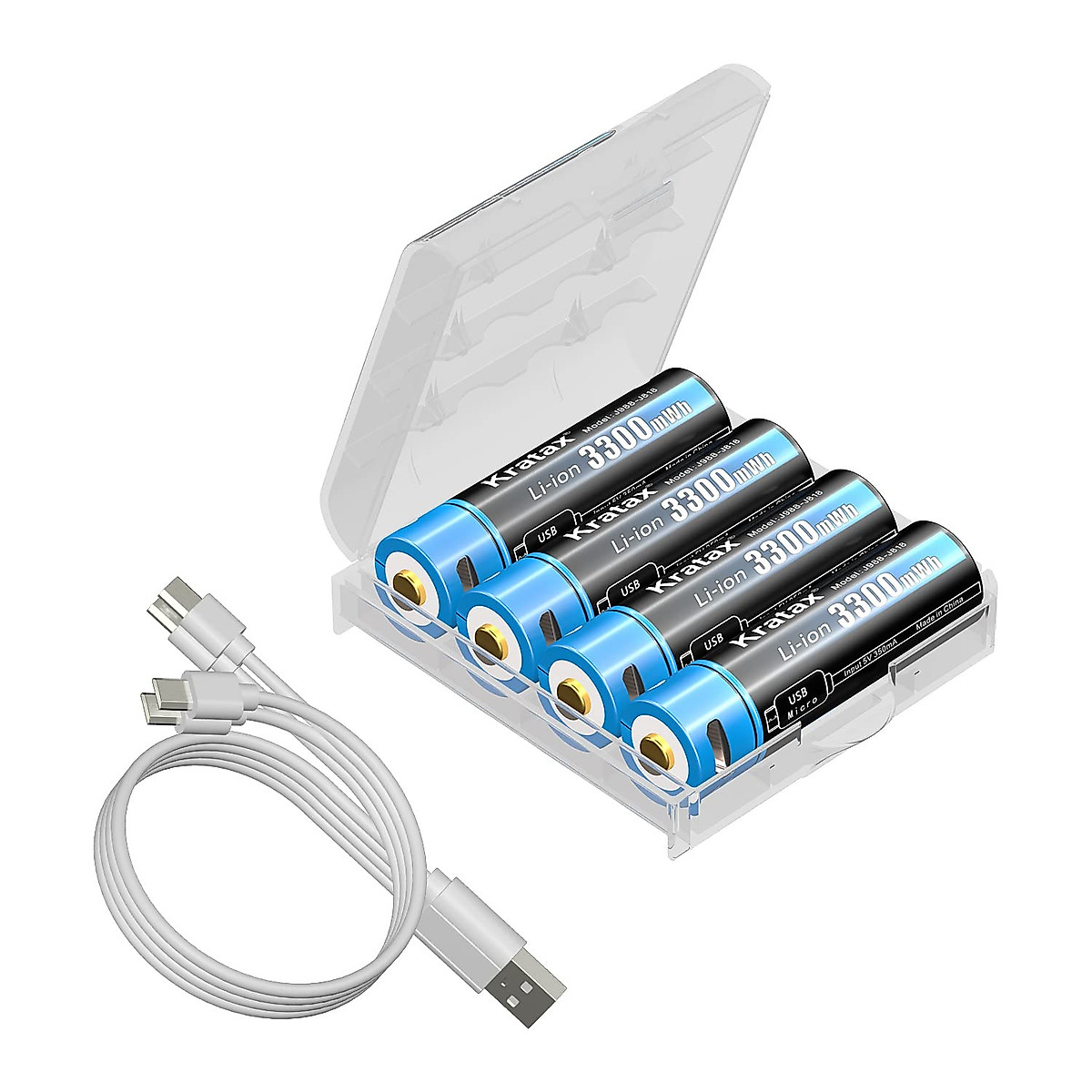 Kratax Rechargeable AA Batteries USB, 3300mWh Lithium USB Double A Batteries, 1.5V Constant Outpout, 4-in-1 USB Charging Cable, LED Charge Indicator, Over 1100 Cycles for Toys, Xbox Controller-4 Pack