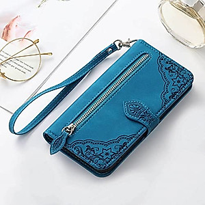 KRHGEIK for iPhone 13 Case for Women,Cute Wallet Case with Zipper Pocket Purse Flower Embossed PU Leather Card Slots Strap Wrist Strap Flip Folio Protective Phone Cover for iPhone 13 (Blue)