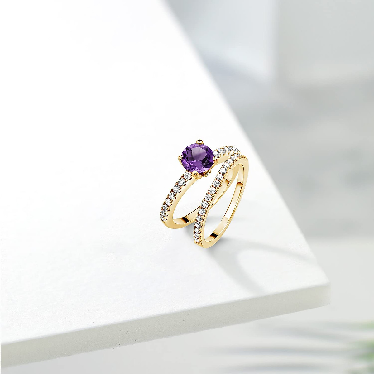 18K Yellow Gold Plated Silver Purple Amethyst and White Moissanite Wedding Engagement Band Bridal Set Ring For Women (1.49 Cttw, Gemstone February Birthstone, Available In Size 5, 6, 7, 8, 9)