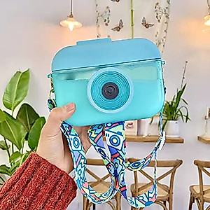 ORIJOYNA 13 oz Cute Water Bottle with Straw - Camera Shape Water Cup with Adjustable Shoulder Straps - Ideal Kawaii Gift for School (Blue)