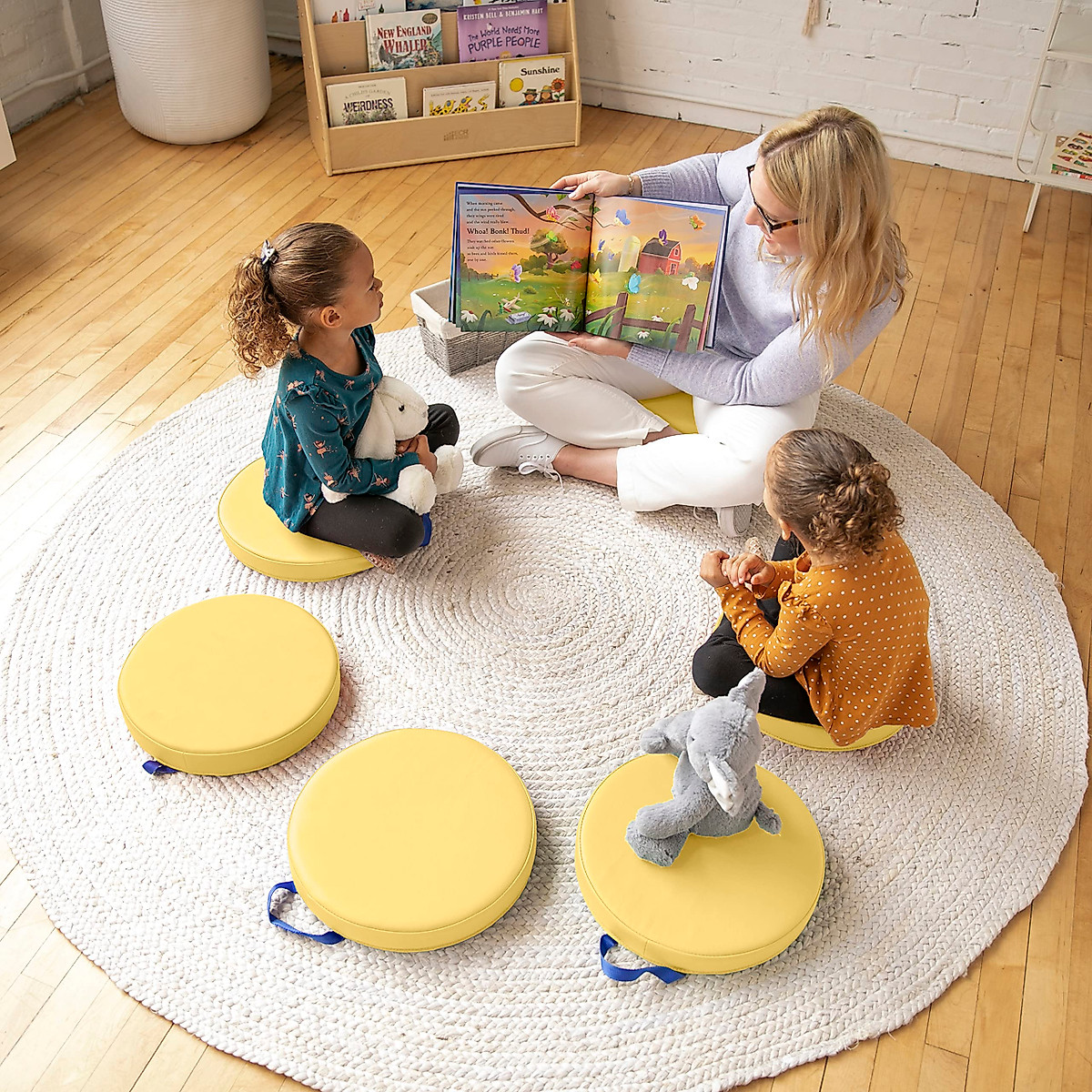 ECR4Kids SoftZone Floor Cushions with Handles, 2" Deluxe Foam, Round, Yellow, (6-Pack)
