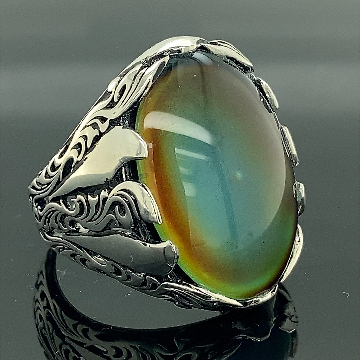 Handmade Ring, Silver Oval Sense Stone Ring, Color Changing Ring, Color by Temperature Mood Charm, 925k Sterling Silver Ring