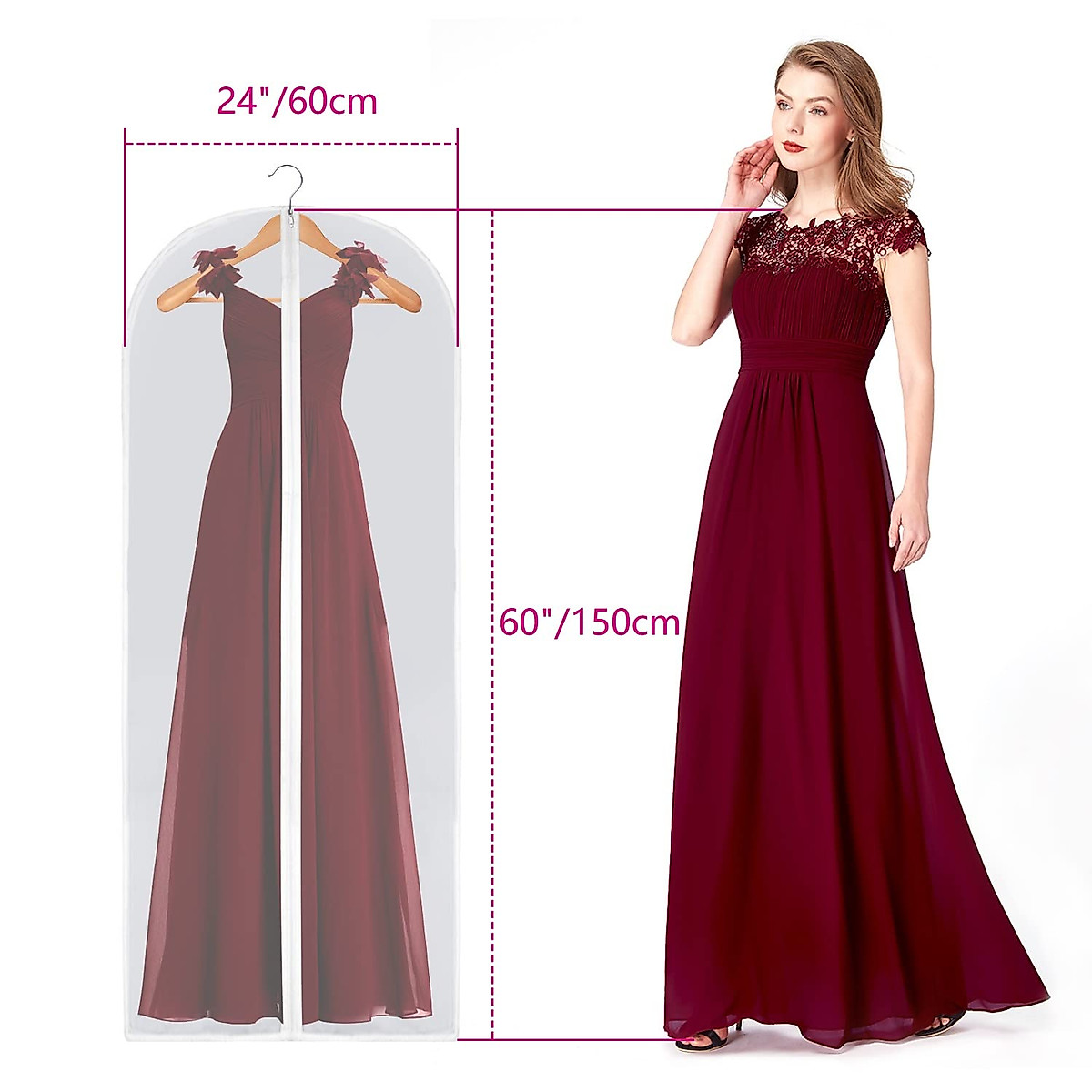 MuChoney Garment Bag 2 Pieces Evening Dress Garment Cover Suit Cover - Long Term Storage Of Jacket Coat Clothes Suit Protection Against Dust. (60"x24'', White)