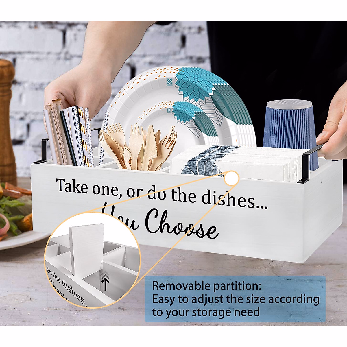 Kitchen Countertop Paper Plate Caddy Holder, Wood Utensil Caddy Holder Organizer for Plates and Cutlery, Silverware Caddy Picnic Caddy Condiment Caddy for Parties BBQ and Outdoor Kitchen Accessories