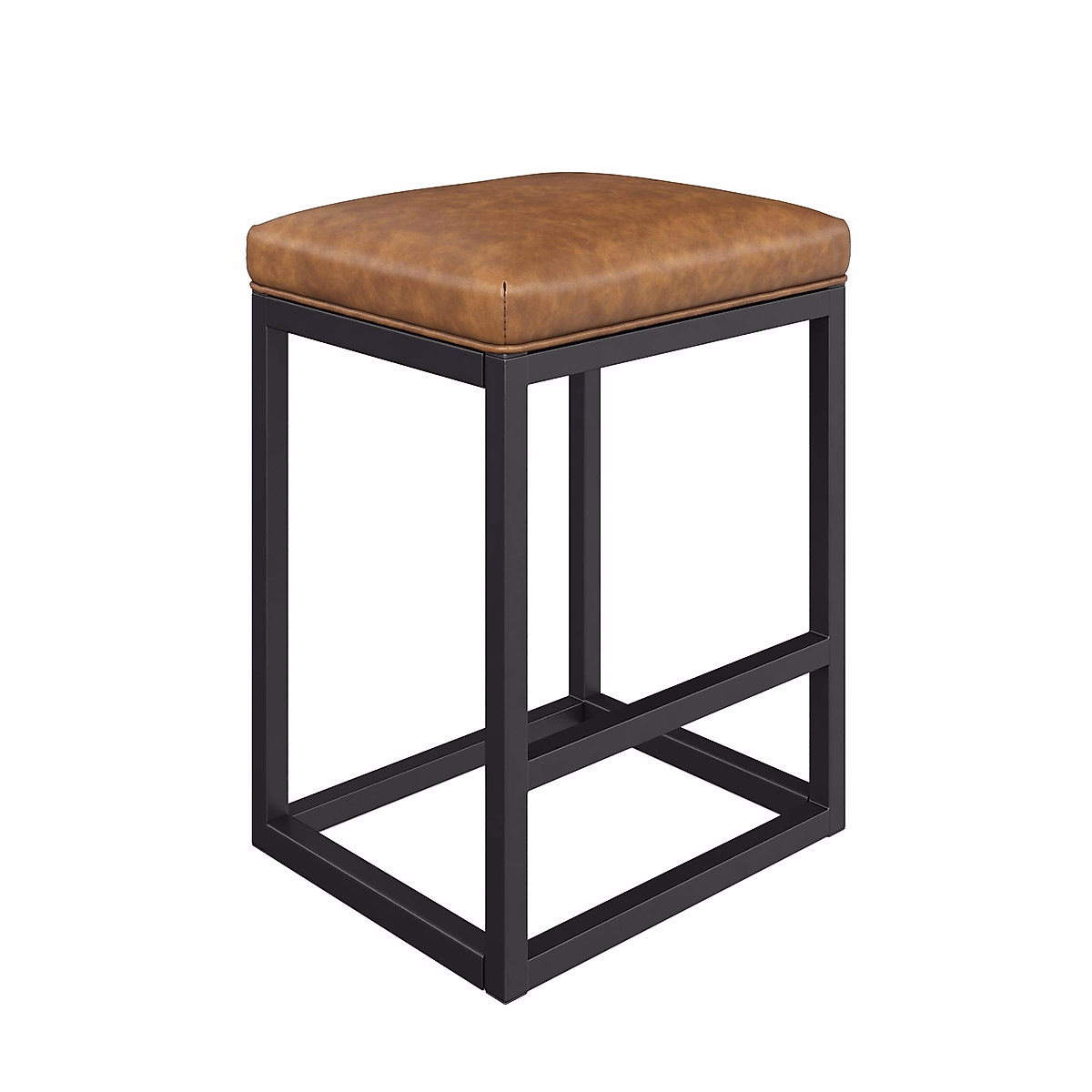 Nathan James Nelson Bar Stool with Leather Cushion and Metal Base, 24", Warm Brown/Black