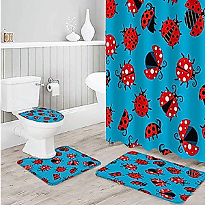 4 Piece Shower Curtain Sets Cute Ladybug Red Black Carapace Insect Dense Animal Blue Non-Slip Rug, Toilet Lid Cover, Bath Mat Waterproof Shower Curtain Bathroom Sets with 12 Hooks Bath Decor