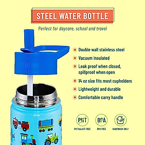 Wildkin 15 Inch Backpack Bundle with 14 Ounce Steel Reusable Water Bottle (Trains, Planes & Trucks)