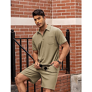 COOFANDY Men's Waffle Knit Polo Shirt and Shorts Set 2 Pieces Outfits Summer Suit Casual Tracksuit with Pockets