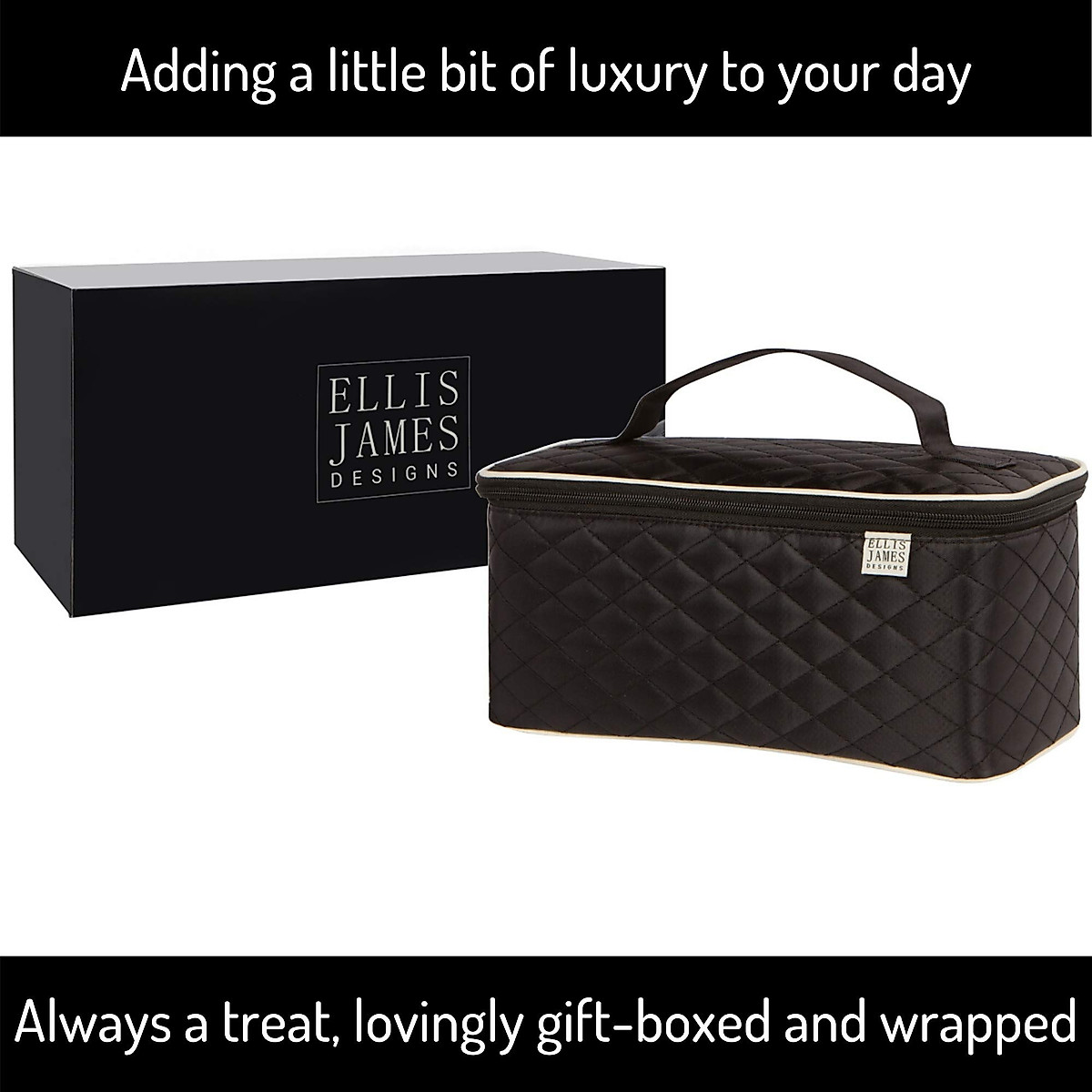 Ellis James Designs Large Travel Makeup Bag Organizer - Cosmetics Train Case Toiletry Bags for Women - Black - With Handle & Make Up Brush Holders - Professional Hair Dryer Cases & Beauty Storage