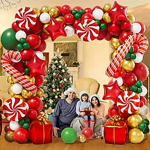 AobkDeco 151PCS Christmas Arch Kit with Red, White, Golden, Dark Green Balloons, Candy Foil, Candy Cane, Gift Box, Star Balloons for Christmas Party Decorations