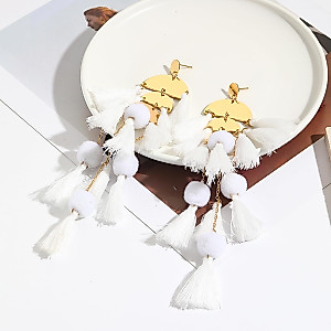 Boho Earrings for Women White Tassel Earrings Long Dangle Statement Earrings Handmade Summer Beach Jewelry for Vocation