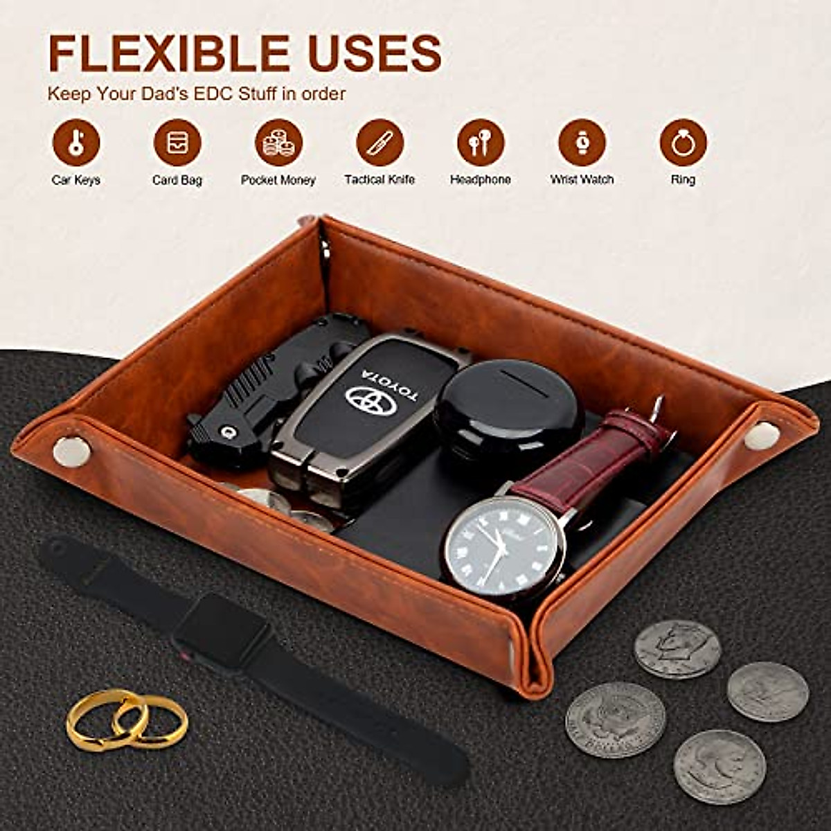 Gifts for Dad, World's Best Dad Ever Leather Valet Tray, Birthday Gifts for Dad Stepdad Men, Christmas Stocking Stuffers for Dad from Kids Daughter Son, Nightstand Organizer for Dad Presents, Brown