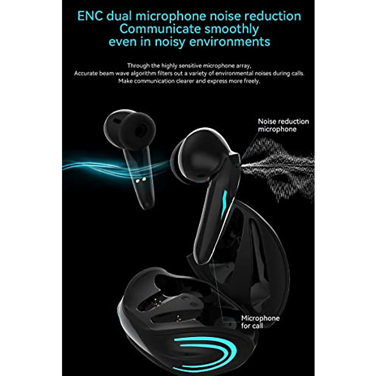 KENKUO Wireless Gaming Earbuds, Active Noise Cancelling Bluetooth Headphones, 60ms Ultra Low-Latency for Gaming, ENC Call Noise Cancelling Bluetooth 5.1 with Deep Bass, IPX6 Waterproof, Black