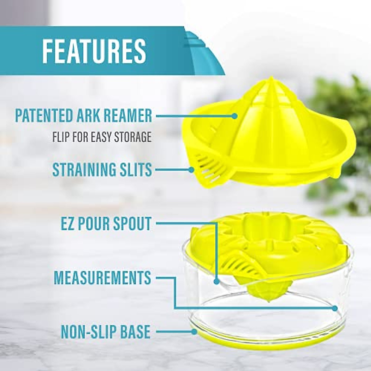 ARK Reamer Lemon Squeezer - Citrus Juicer, BPA-Free, Anti-Slip Hand Press w/Measuring Cup - Easy to Use & Clean Manual Juicers for Fresh Orange or Lime Juice - Kitchen Gadgets