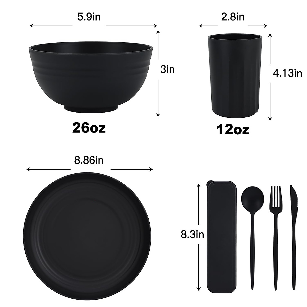 28-Piece Wheat Straw Dinnerware Sets, Microwave & Dishwasher Safe Unbreakable Dinnerware Set, Reusable Dishware Sets, Lightweight Camping Dishes, Plates, Cups, Cereal Bowls for 4（Black）