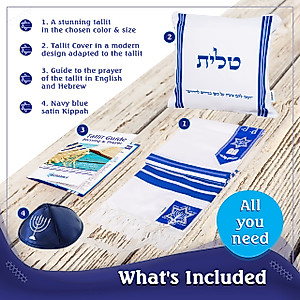 Large Tallit Prayer Shawl with Matching Bag, Certified Kosher, With Blessing On Neckband & Uniq Design on the Corners, Made in Israel, Soft Tallit Prayer Shawl For Men & Women - Blue, 60 - H55 x W75