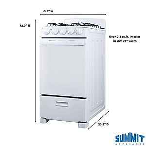 Summit 20” Gas Range, 4 Burners, Full 2.3 cu.ft Oven - (ADA Compliant) - RG200WS