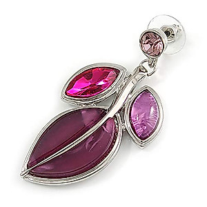 Avalaya Statement Purple/Magenta Glass, Crystal Leaf Necklace and Drop Earrings In Rhodium Plating - 40cm L/ 8cm Ext