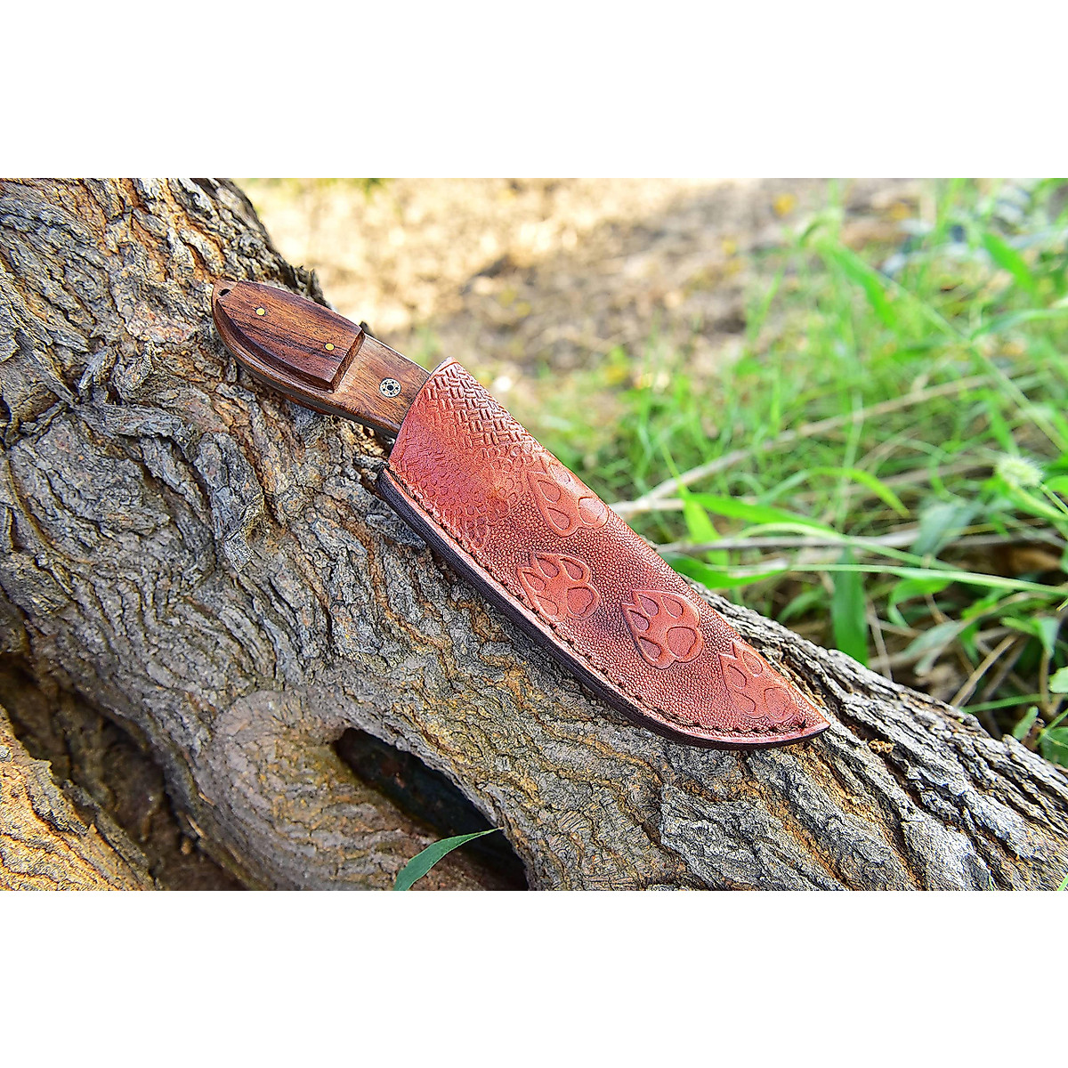 Damascus Hunting Knife - Handmade Knife, Hand Forged Fixed Blade Knife, Camping Knife & Hunting Knives - Gift Knives & Bowi Knives with Rose Wood Handle - Leather Knife Sheath