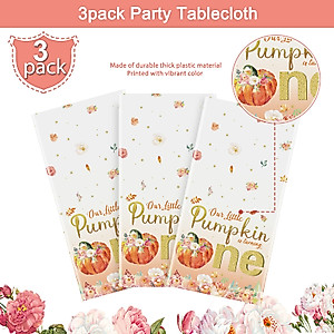 3Pcs Fall Floral Little Pumpkin Baby Shower Tablecloths,Plastic Our Little Pumpkin is Turning One Table Cover for Autumn Thanksgiving Glitter Flower Baby Shower Decoration and Supplies,54X148 inches