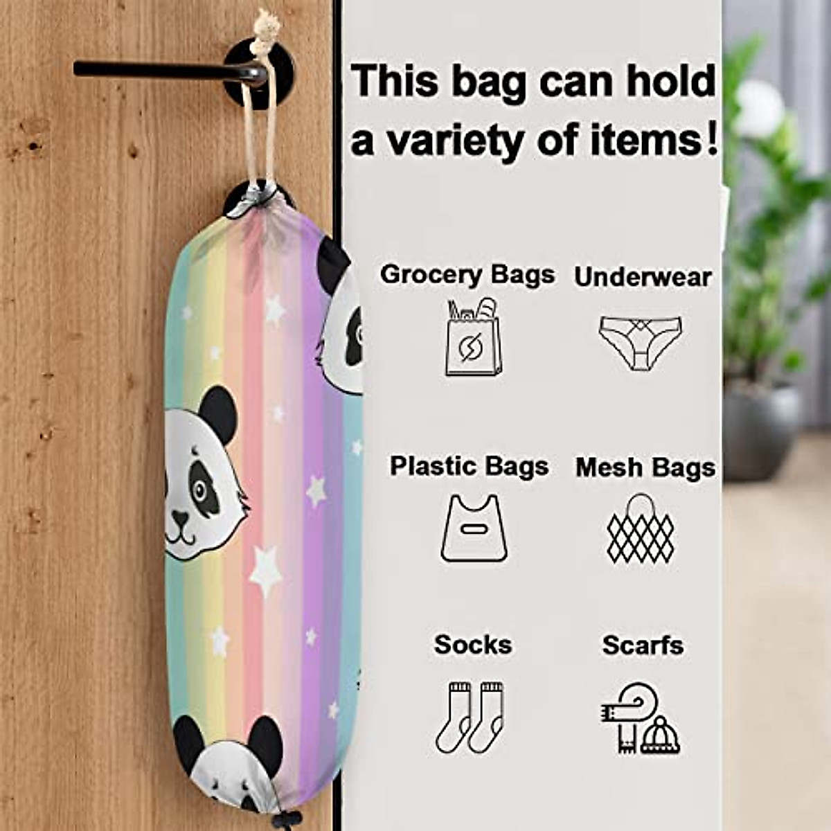 Panda Rainbow Star Grocery Plastic Bag Holder Wall Mount Plastic Bag Organizer Washable Large Hanging Plastic Bag Holder Shopping Bag Storage Dispenser Trash Bag Holder Home Kitchen