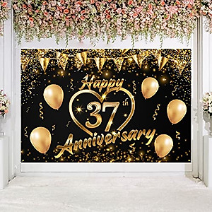 Happy 37th Anniversary Backdrop Banner Decor Black Gold – Glitter Love Heart Happy 37 Years Wedding Anniversary Party Theme Decorations for Women Men Supplies, 3.9 x 5.9 ft