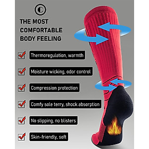 SITOISBE Men's Ski Socks Merino Wool (Pack of 2) for Skiing, Snowboarding, Snow Boots, Winter Warm, Toe Thermal, Shin Padded, Comfy Cushion, Knee High, Cold Weather Long Socks, Small, Red