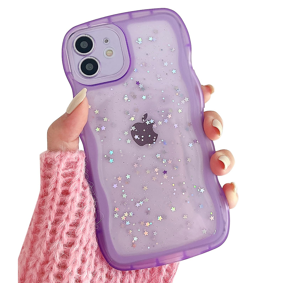 Qokey for iPhone XR Case 6.1 inch Curly Wave Edge Design Transparent Bling Glitter Star Shiny Case Cute Clear Transparent Full Protection Soft TPU Shockproof Phone Cover for Women Girls,Purple