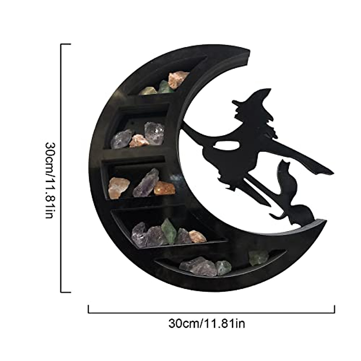 A/R Witch on The Moon Crystal Shelf, Wooden Crystal Display Shelf PVC Moon Shelf Black Witch Design Crystal Display Shelf Gothic Decorations for Living Room