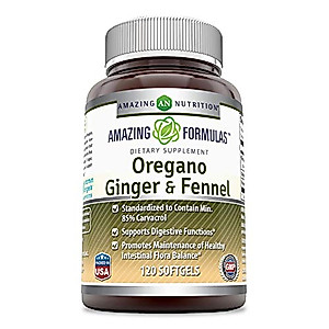 Amazing Formulas Oregano (Origanum) Oil Ginger Fennel - 120 Softgels (Non-GMO,Gluten Free) - Standardized to Contain Minimum 85% Carvacrol - Supports Digestive Function.