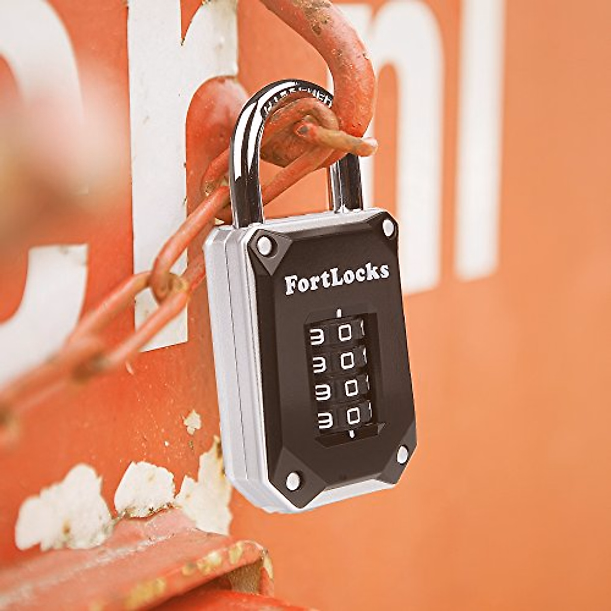 FortLocks Gym Locker Lock - 4 Digit, Heavy Duty, Hardened Stainless Steel, Weatherproof and Outdoor Combination Padlock - Easy to Read Numbers - Resettable and Cut Proof Combo Code - 1 Pack Silver
