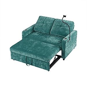 3 in 1 Convertible Sleeper Sofa Bed, Modern Chenille Loveseat Pull Out Couch Bed with Cup Holder & USB Port, Phone Holder and Adjustable Backrest, Loveseat Lounge for Living Room Office (Teal/)