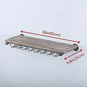 Industrial Pipe Shelving Hanging Stemware Racks,Rustic Wall Mounted Wine Rack with 8 Glass Holder,36in Steampunk Iron Floating Bar Shelves,Metal Real Wood Shelf Wall Shelf Stemware Holder