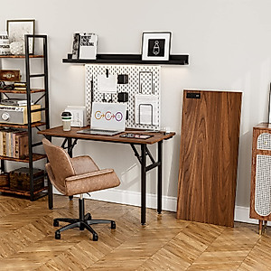 Frylr Small Foldable Desk 43.3''X 19.6''X 29.5'',Foldable Table with 2 Power Sockets and 2.1A USB Charging Ports, Folding Computer Desk for Home Office, No Install Needed, Walnut + Black Leg