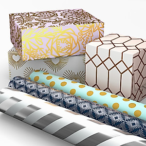 Hallmark Wrapping Paper with Cutlines on Reverse (6 Rolls: 180 Sq. Ft. Total) White and Silver Stripes, Mint Green, Gold Hearts and Flowers for Weddings, Bridal Showers, Birthdays