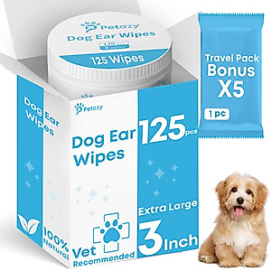Petazy Dog Ear Wipes for Dog | Unscented Dog Ear Cleaner for Dogs | Remove Dirt Wax Itch Odor | Natural Cleaning Puppy Ear Wipes | Soothing Ear Wipes for Pets Cat | Organic Ingredients | 125 XL Pcs