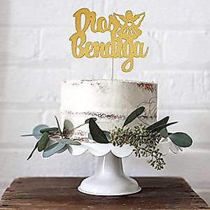 SHL Gold Glitter Mi Bautizo Party Decorations set with Glitter God Bless Cake Topper Triangle Flag Mi Bautizo Banner Balloons for Baby Baptism First Communion Baby Shower Party Decorations