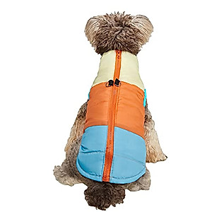 QWINEE Colorblock Zipper Back Dog Warm Jacket Coat Dog Winter Vest Clothes for Puppy Kitten Cat Small Dogs Orange and Blue L