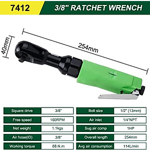 Dotool 3/8" Air Ratchet Wrench 50 ft-lbs Max Torque Output Professional Pneumatic Aluminum 160 RPM Comfort Grip, Lightweight, Compact, Forward/Reverse Control