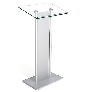 M&T Displays Tempered Clear Glass Conference Podium Stand with Aluminum Front Panel Silver Aluminum Body and Base 43.9 Inch Height Floor Standing Lectern Pulpit Desk for Classroom Church
