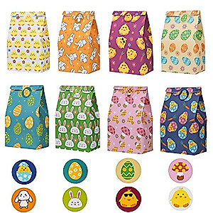 VEYLIN 24Pcs Easter Goodie Paper Bags, Flat Bottom Candy Bags with 32Pieces Circle Sticker for Easter Party Supplies