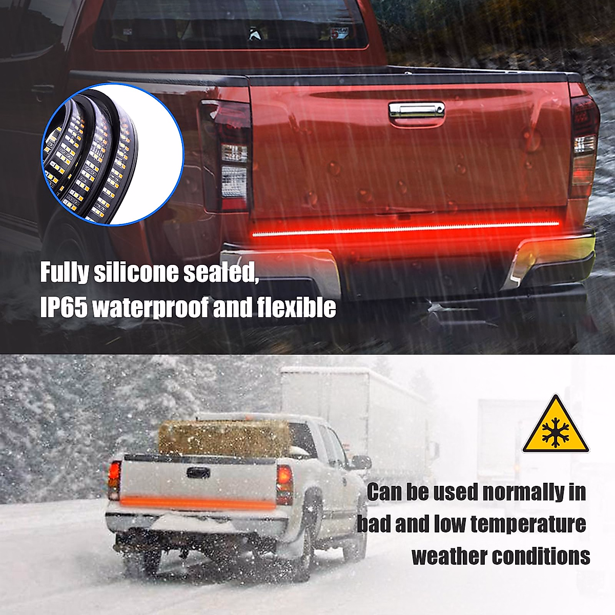 Kewucn Tailgate Light Bar 48" LED, IP65 Triple Row LED Strip with Red Running Brake White Reverse Red Turning Signals Lights, Universal Rear Light Bar for Pickup Trailer SUV RV Van (White&Yellow&Red)