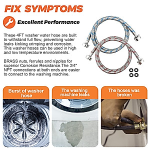 Beaquicy 4 Ft Washing Machine Hoses Burst Proof Braided Stainless Steel - Fit for ALL Washers - Red and Blue Washer Hoses(2 Packs)