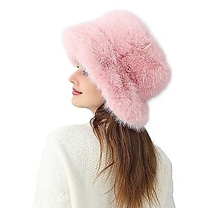 Rulala Fancy Women's Faux Fur Bucket Hats Fluffy Winter Warm Ladie's Unique Wide Brim Fisherman Cap(Pink)